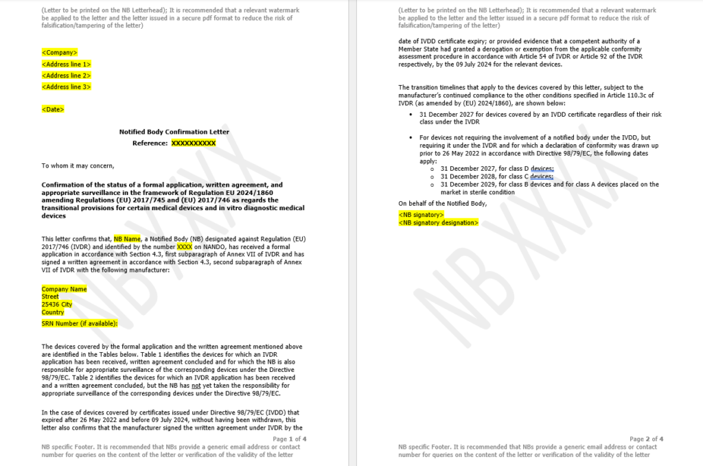 July2024: NB IVDR Extension Conf Letter Template - Casus Consulting